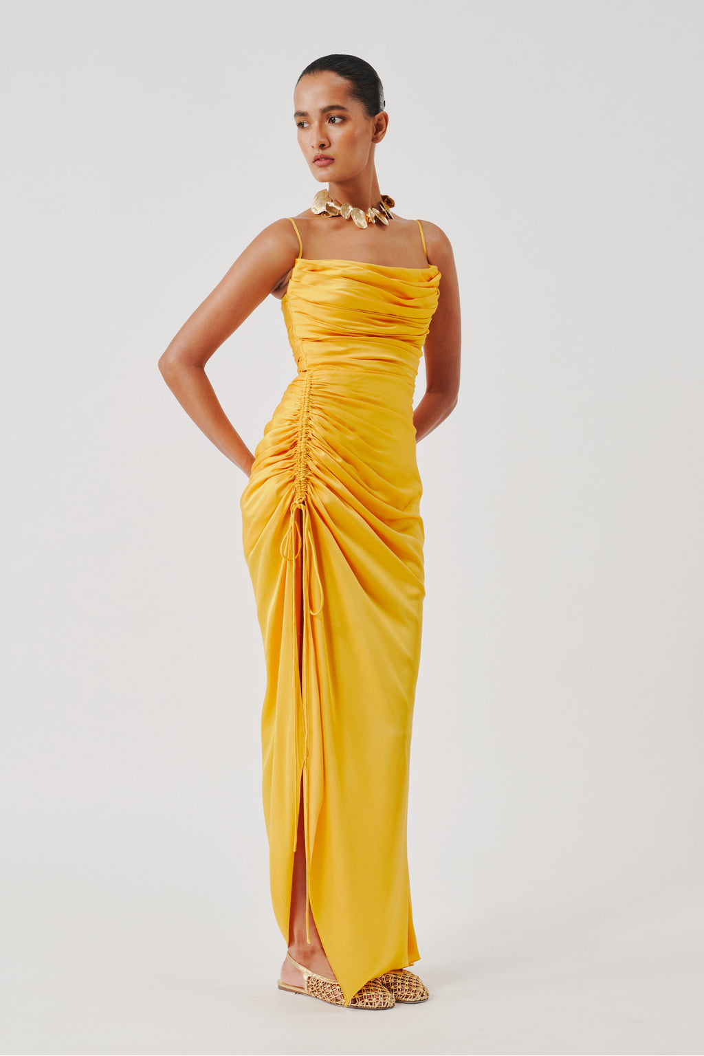 Sunny Yellow Spaghetti Drape Dress