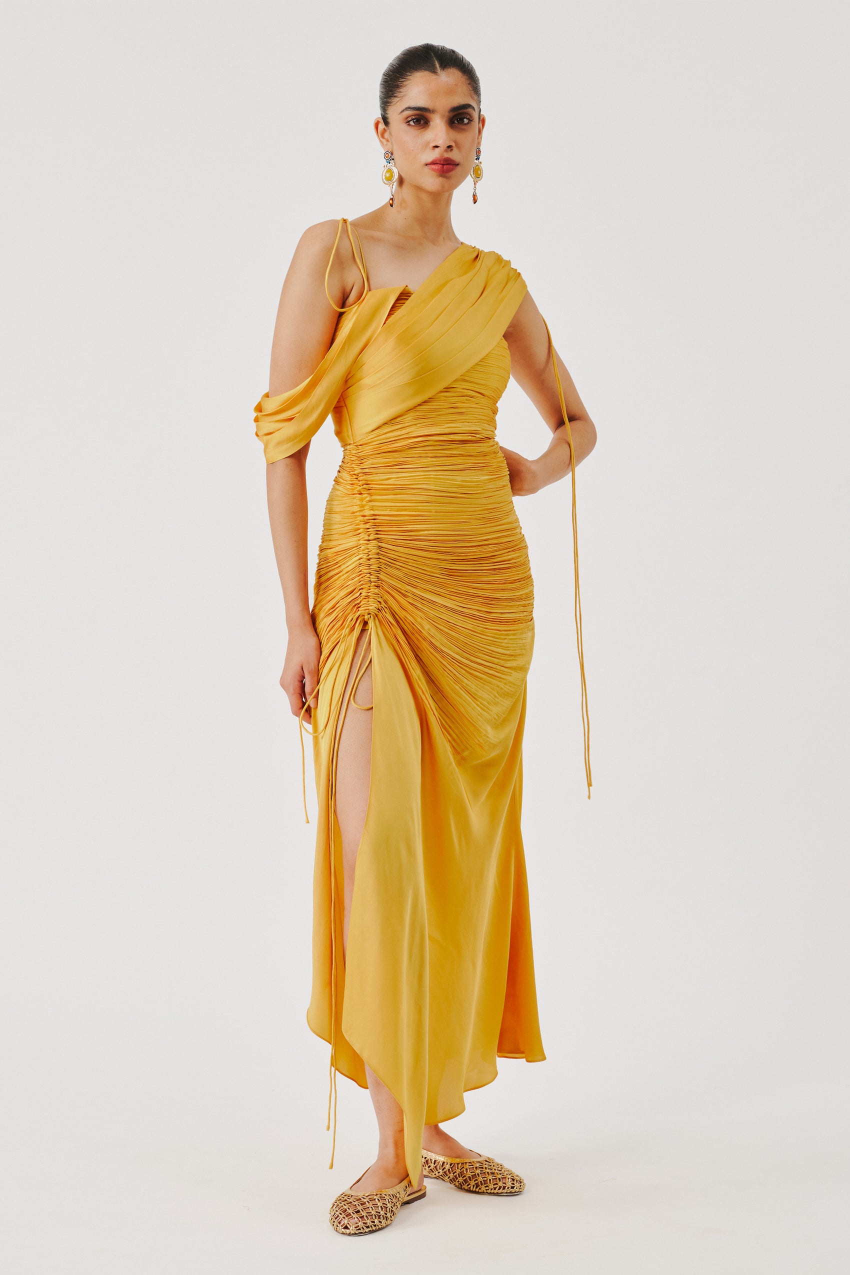 Yellow Ray Dress: Stunning Ruched Dress by Aroka