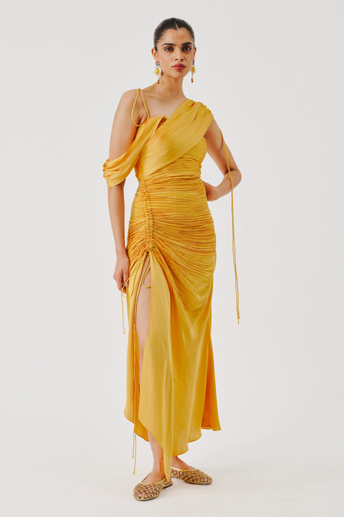 Yellow Ray Dress: Stunning Ruched Dress by Aroka