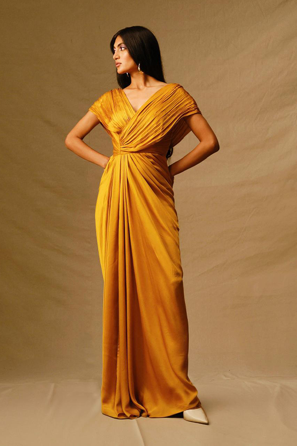 Buy Golden Glow Gown - Luxe Draped Gown Dress | Aroka