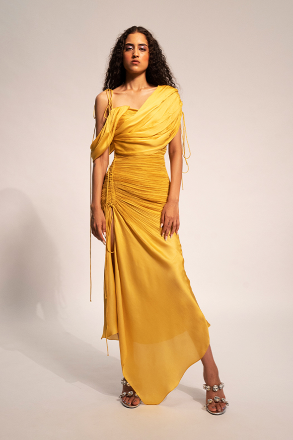 Shop Yellow Ray Dress: Stunning Ruched Dress by Aroka